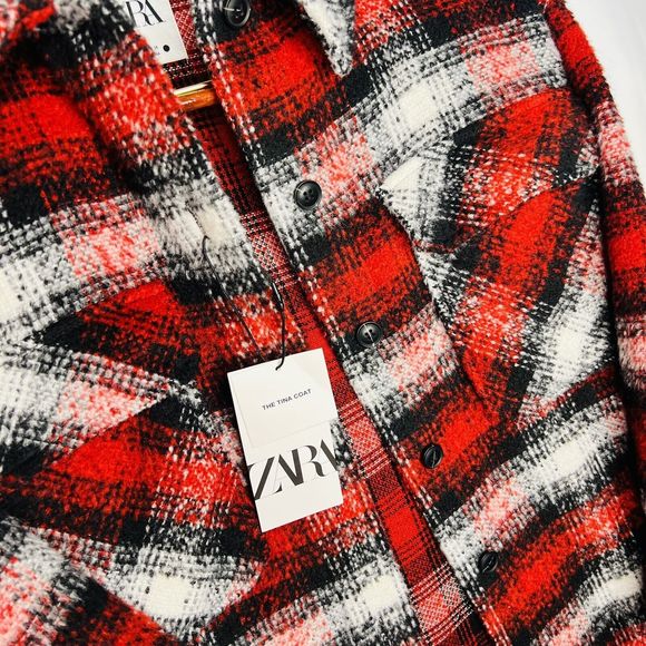 Zara | Jackets & Coats | Zara Red White Black Check Long Shacket Plaid ...